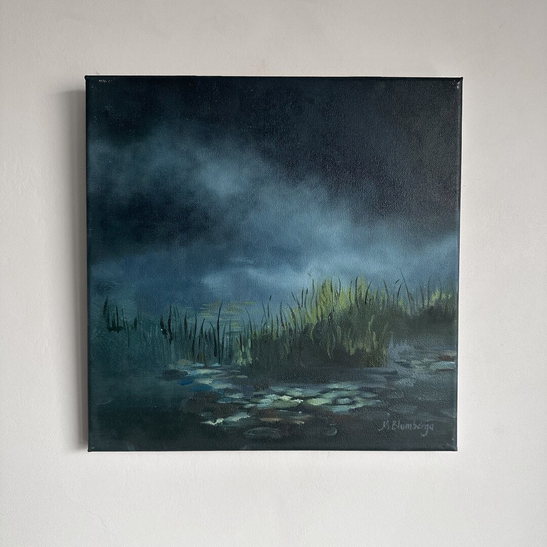 Lake Painting Oil Painting on Canvas Dark Blue Aesthetic Mist on a Lake ...
