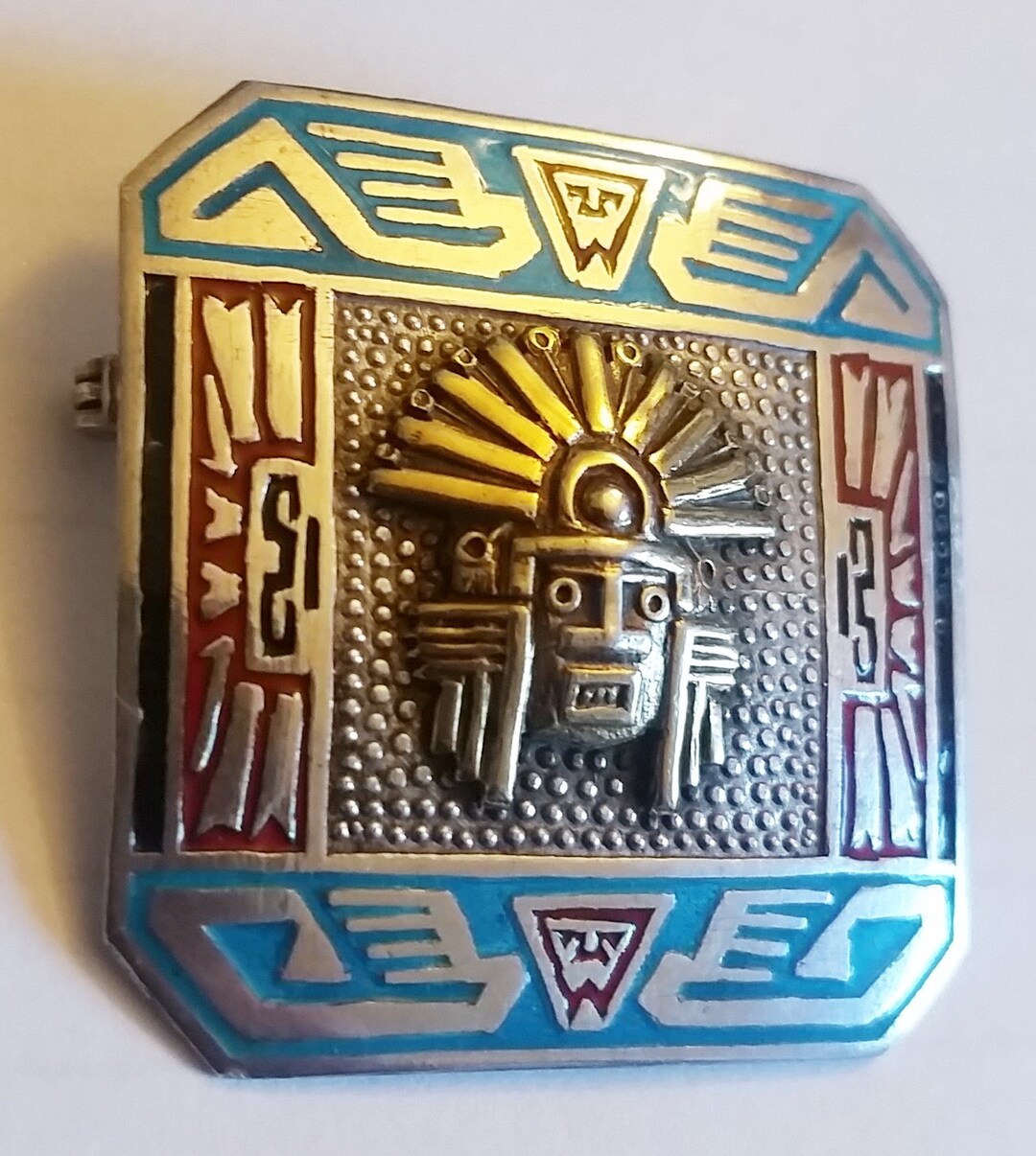Hand-painted Unisex Vintage Sterling Square Peruvian Brooch/pin, 1940's ...