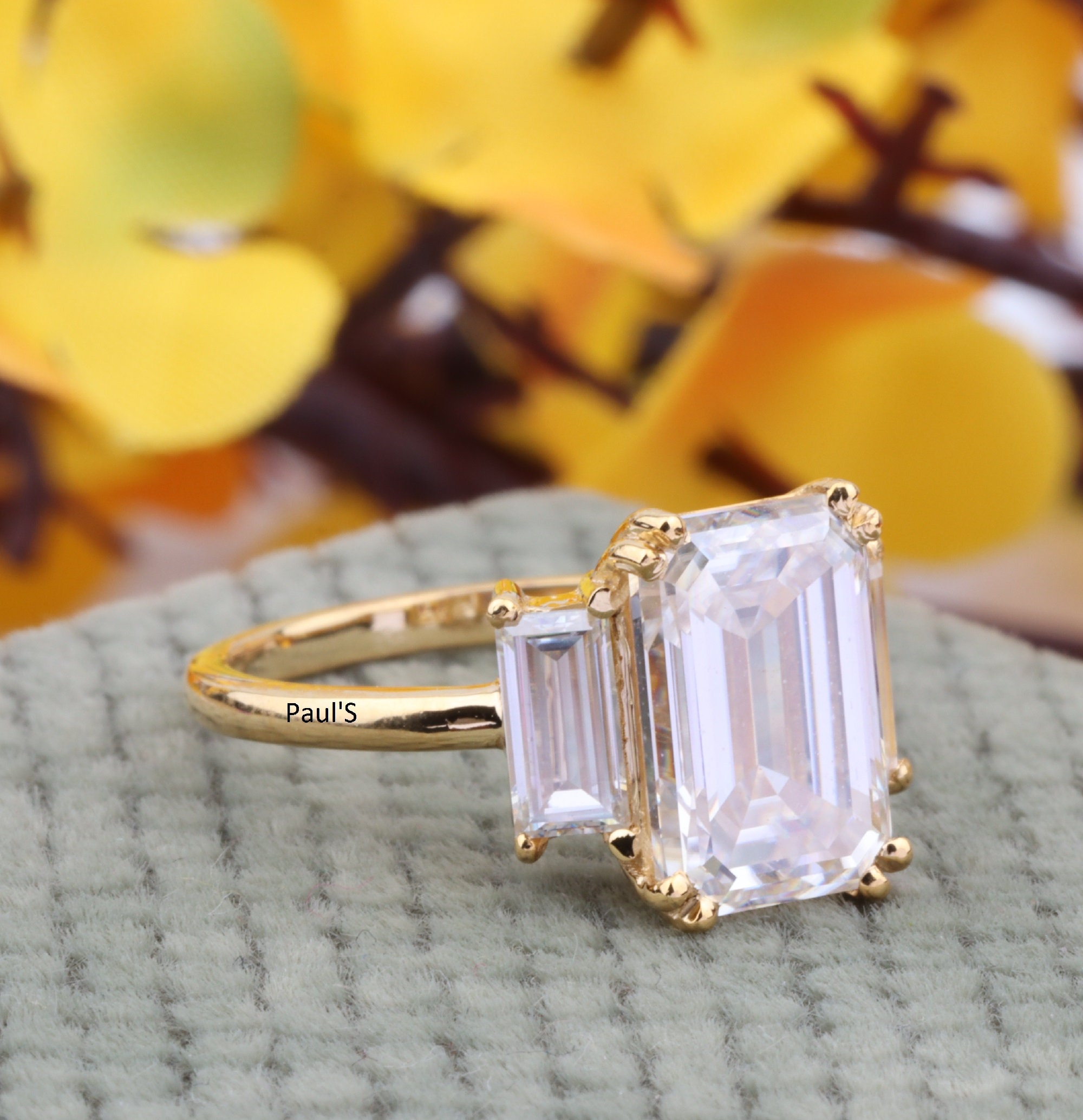 Three Stone Emerald Cut Moissanite Engagement Ring Emerald Etsy