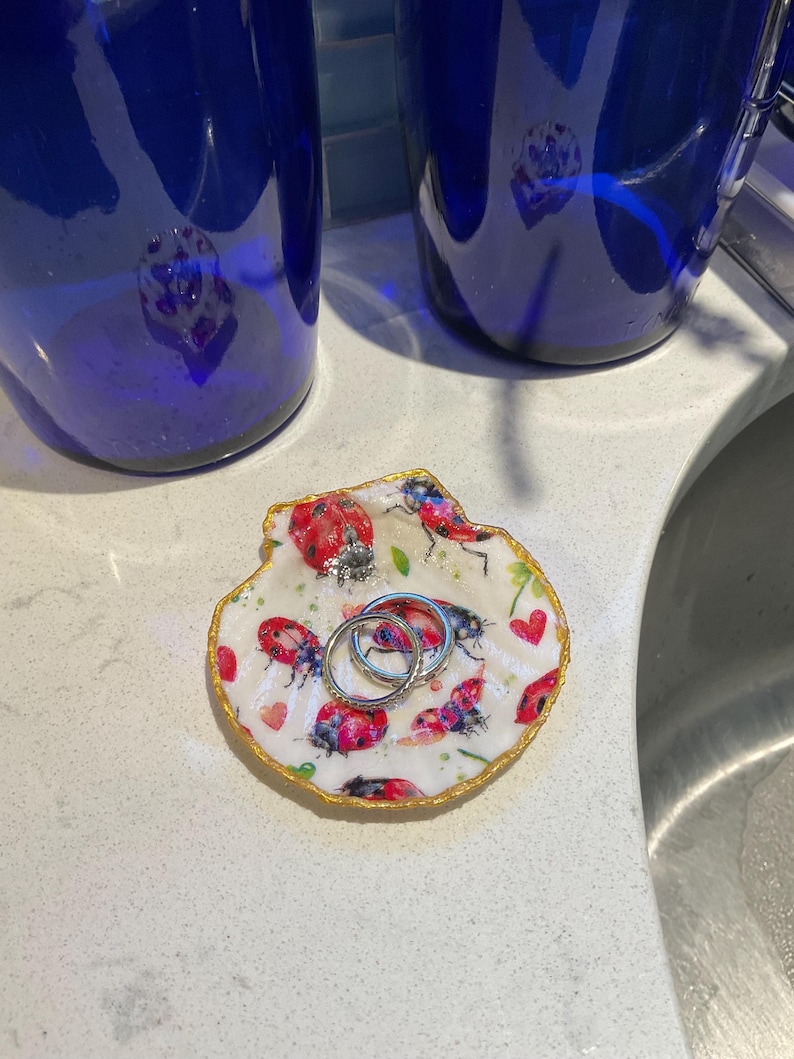 Decoupage Authentic Scallop Half SEASHELL Ladybug Trinket Ring Dish ...