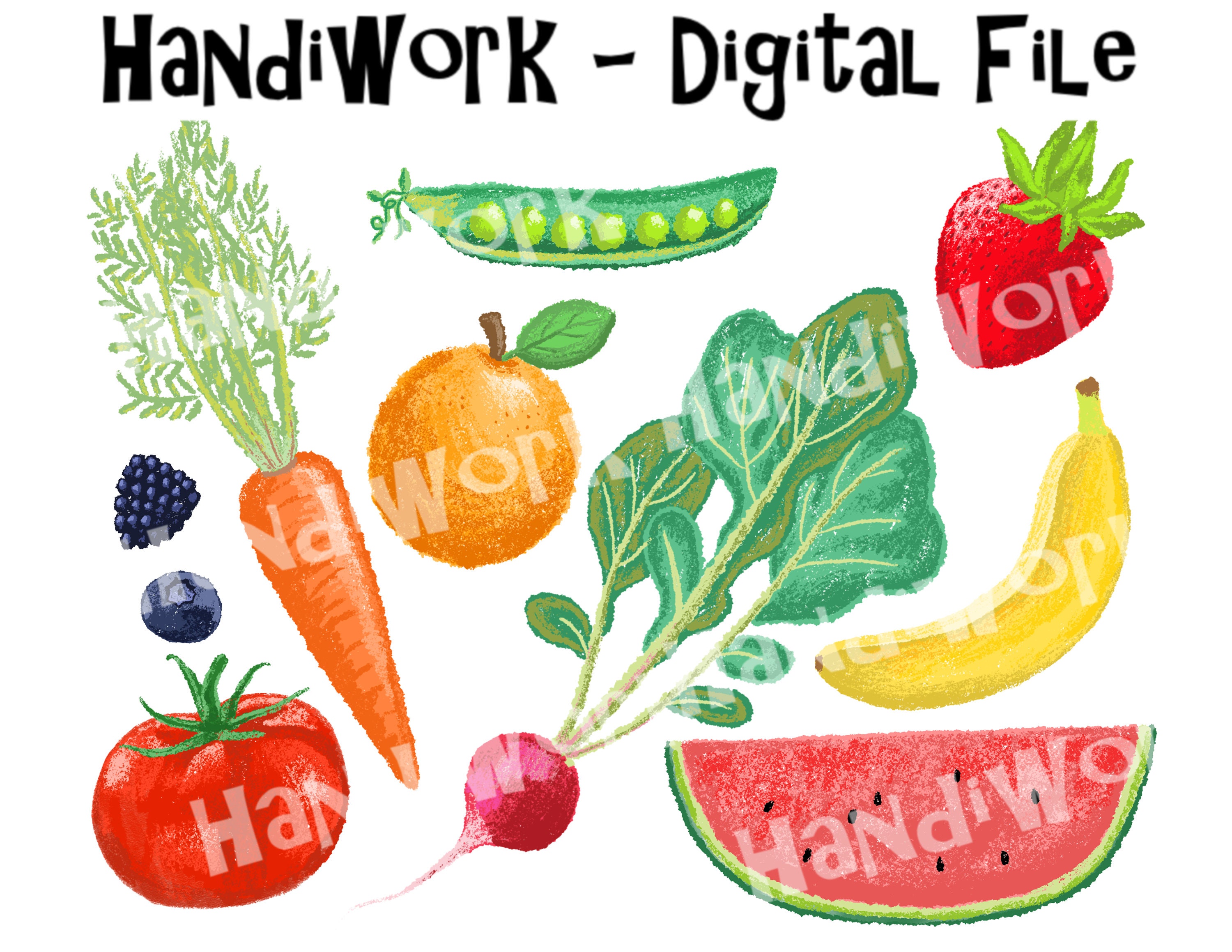 Fruit and Vegetable Hand Painted Clip Art, Fresh Produce Sublimation ...