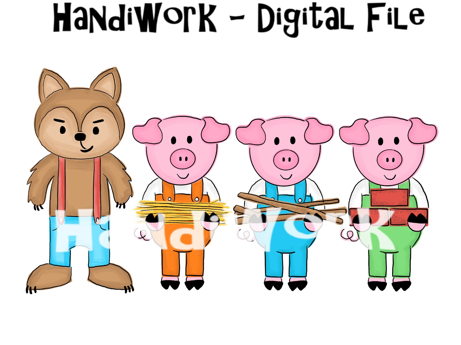Three Little Pigs and Big Bad Wolf Kids Png Design, Painted Three ...