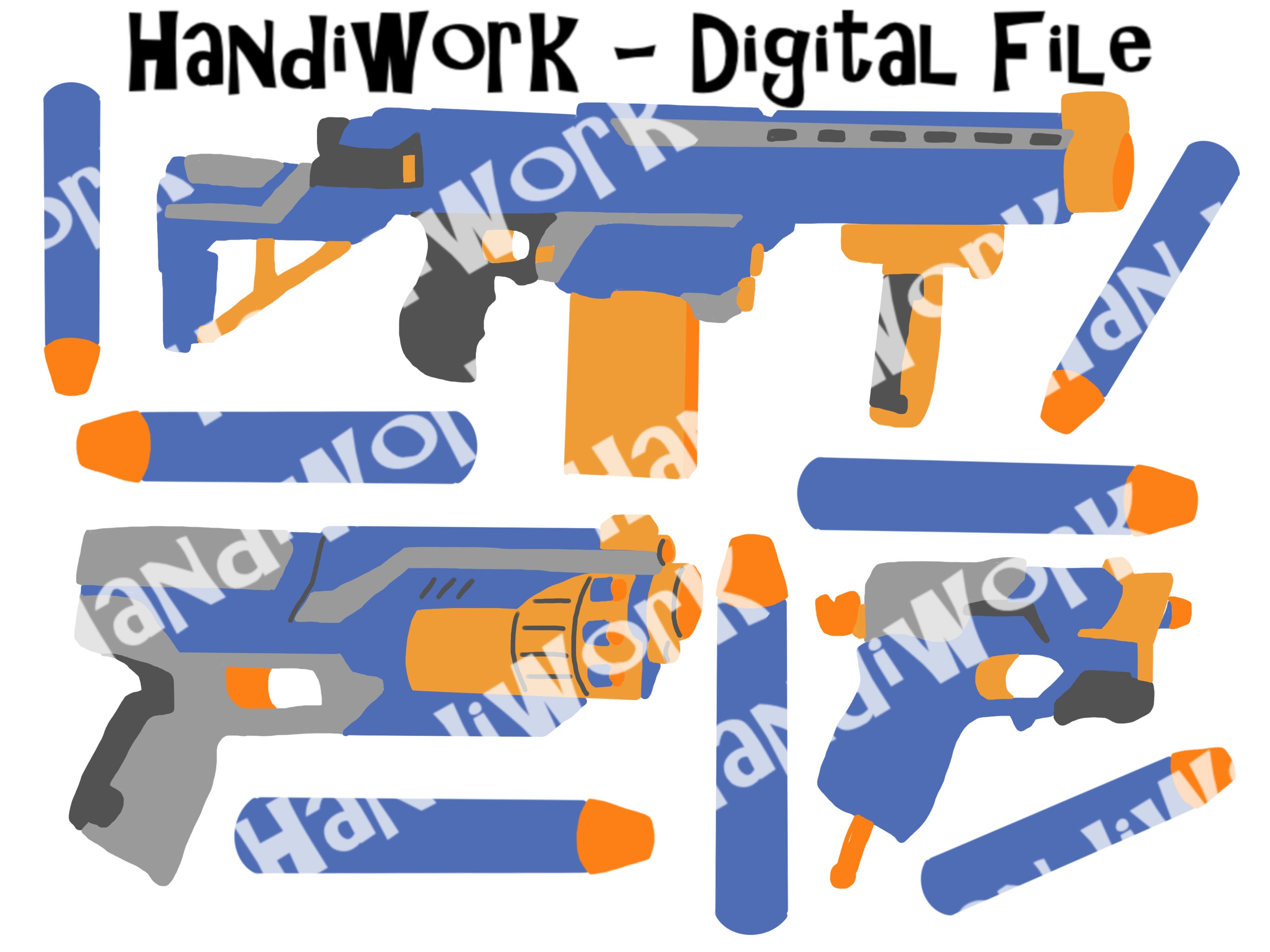 Kids Guns and Bullets Clip Art, Blue and Orange Toy Guns Sublimation ...