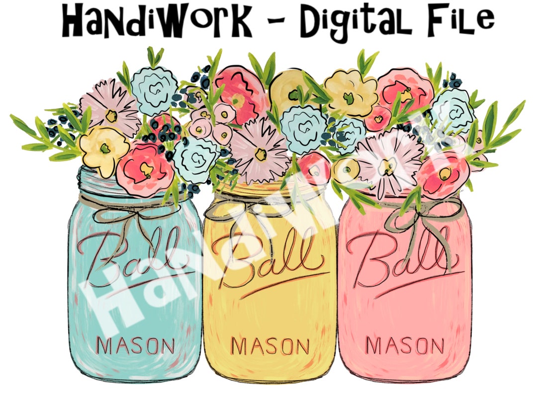 Colored Mason Jars With Flowers PNG File, Watercolor Jars With Bright ...