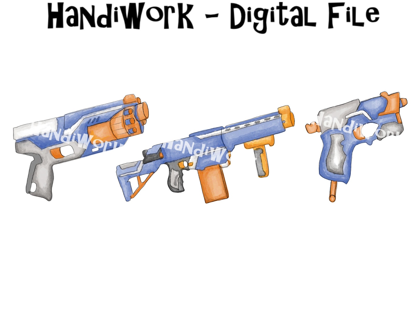 Watercolor Toy Gun Trio Design Png, Orange and Blue Play Gun ...