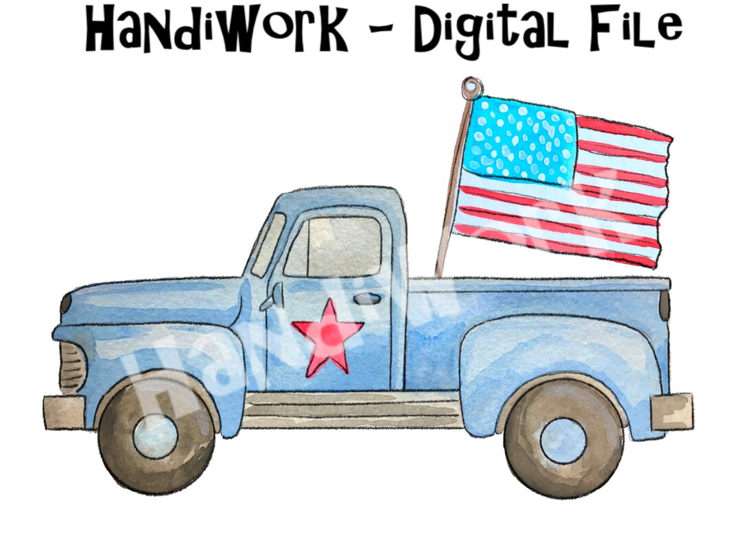 Watercolor Truck With American Flag PNG File, Fourth of July ...