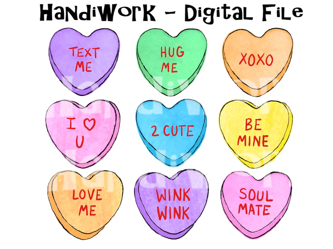 Candy Hearts Watercolor PNG Files, Valentine's Day Hearts, Watercolor ...