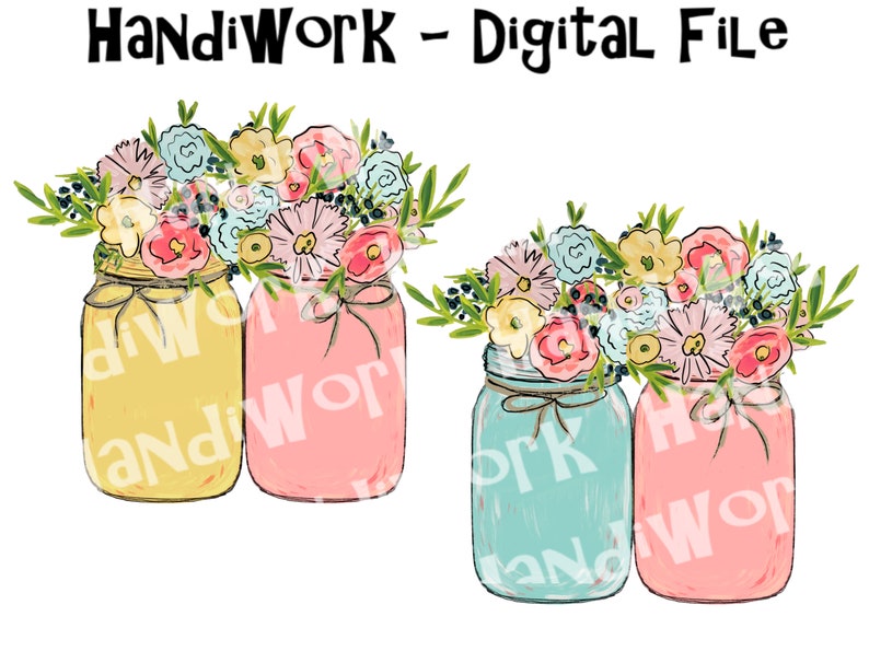 Two Colored Mason Jars With Flowers PNG File Two Watercolor - Etsy