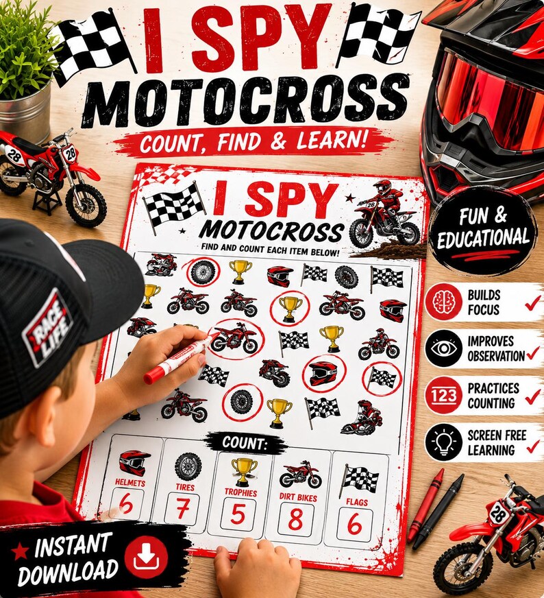 Motocross I Spy Printable | Counting Activity for Kids | Dirt Bike ...