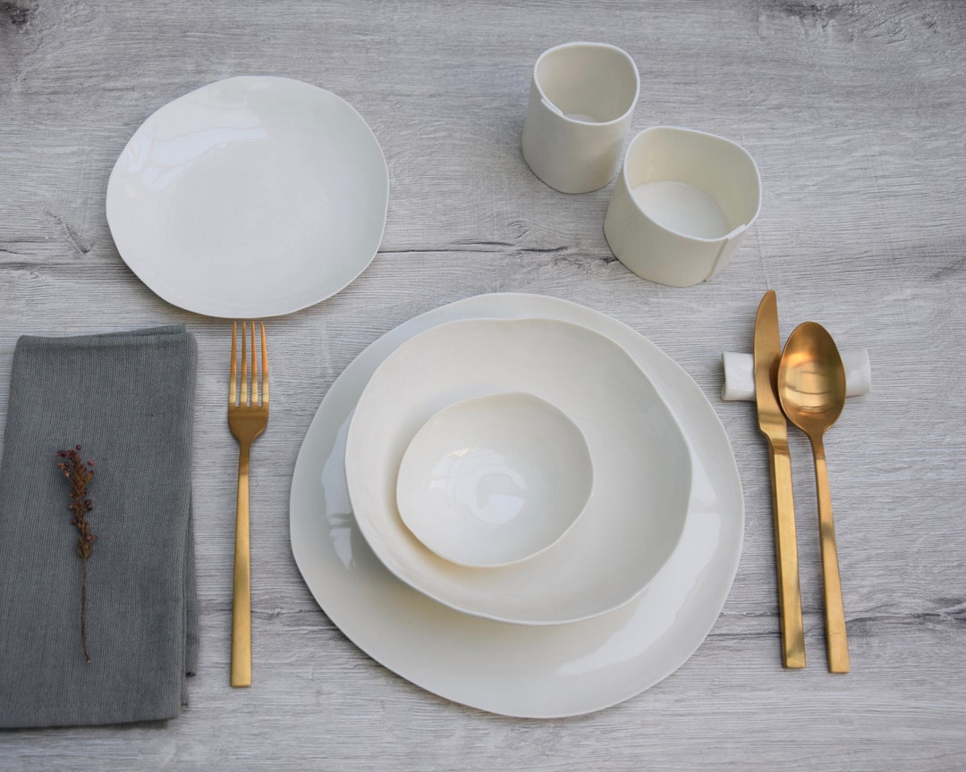 Handmade White Porcelain Dinnerware Set: Italian Plates and Bowls, 2 ...