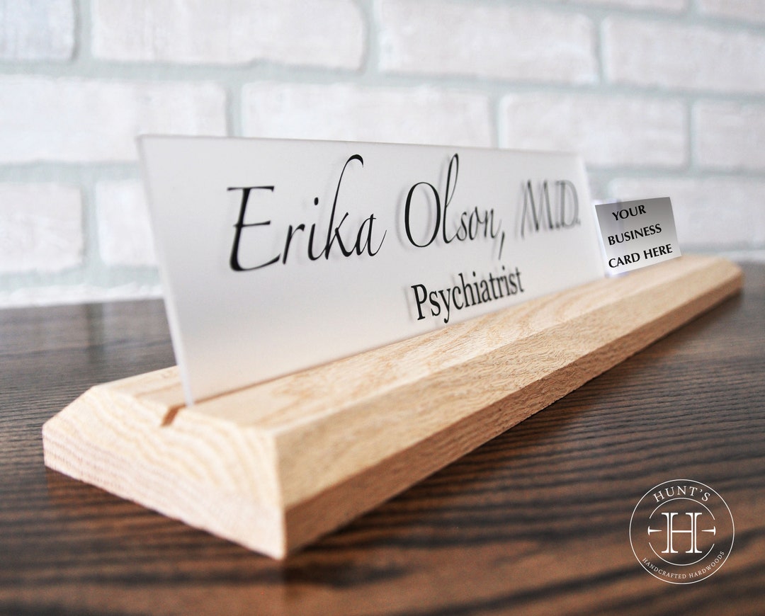 Desk Name Plate With Attached Business Card Holder, Office Card Display ...