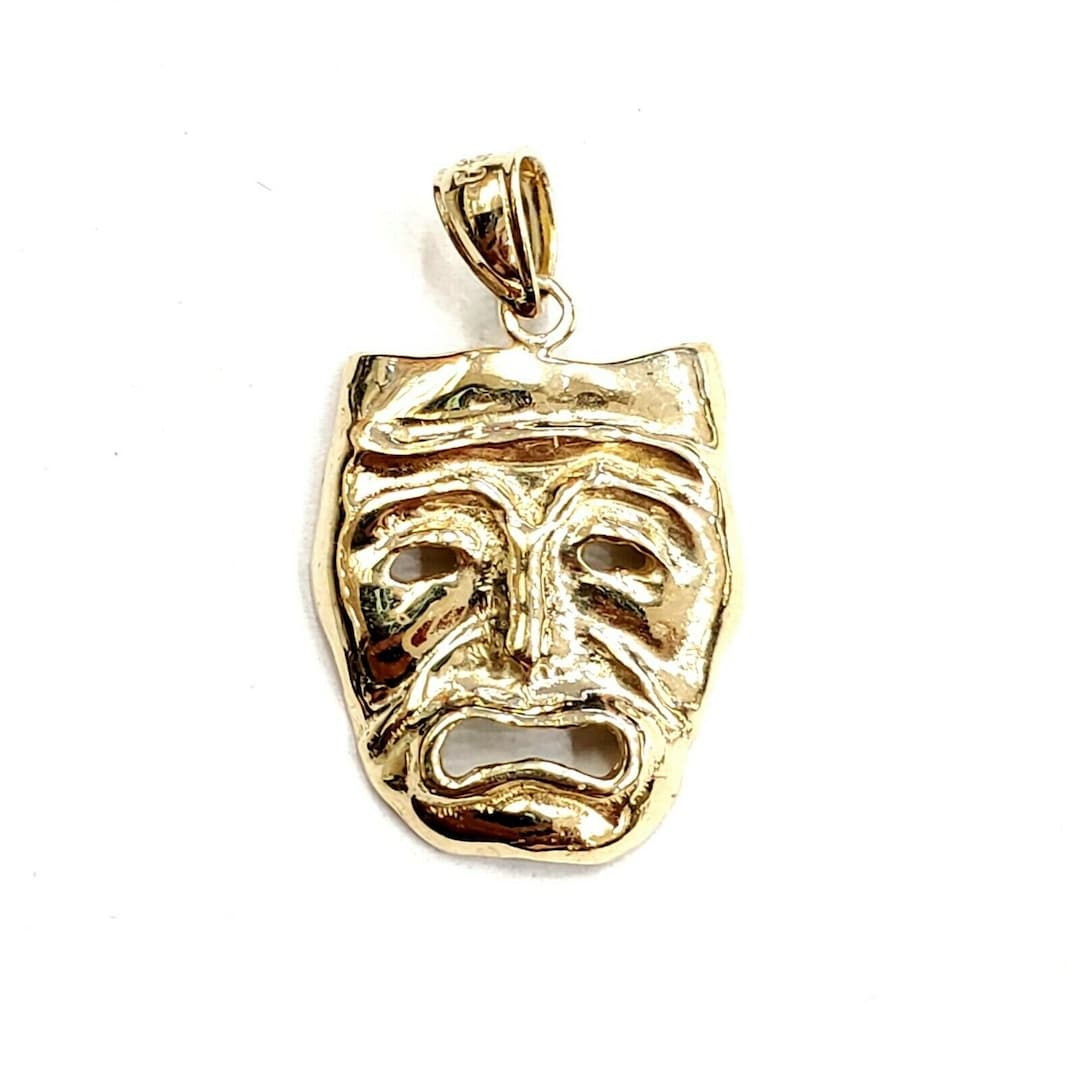 14k Yellow Gold Cry Later Sad Face Mask Drama Theater Act Pendant ...