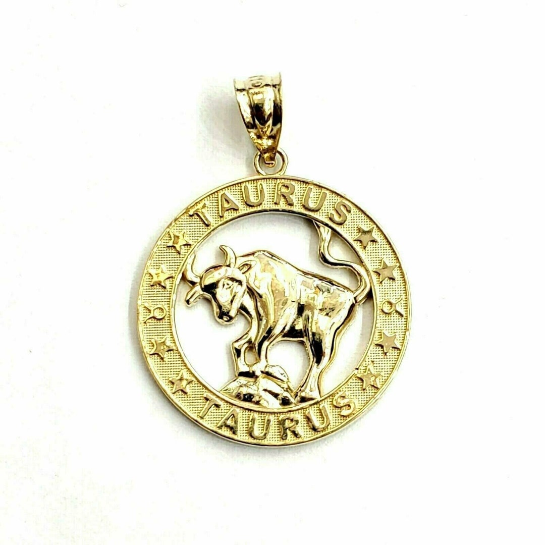14k Yellow Solid Gold Round Taurus Bull Zodiac Pendant Charm Fine ...