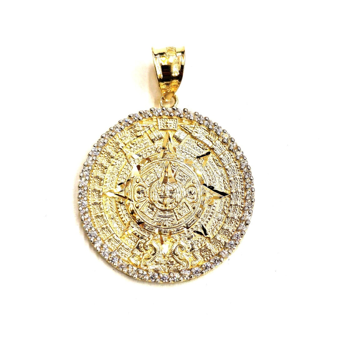 14k Yellow Gold Aztec Mayan Sun Calendar Azteca Pendant Cubic Zirconia ...