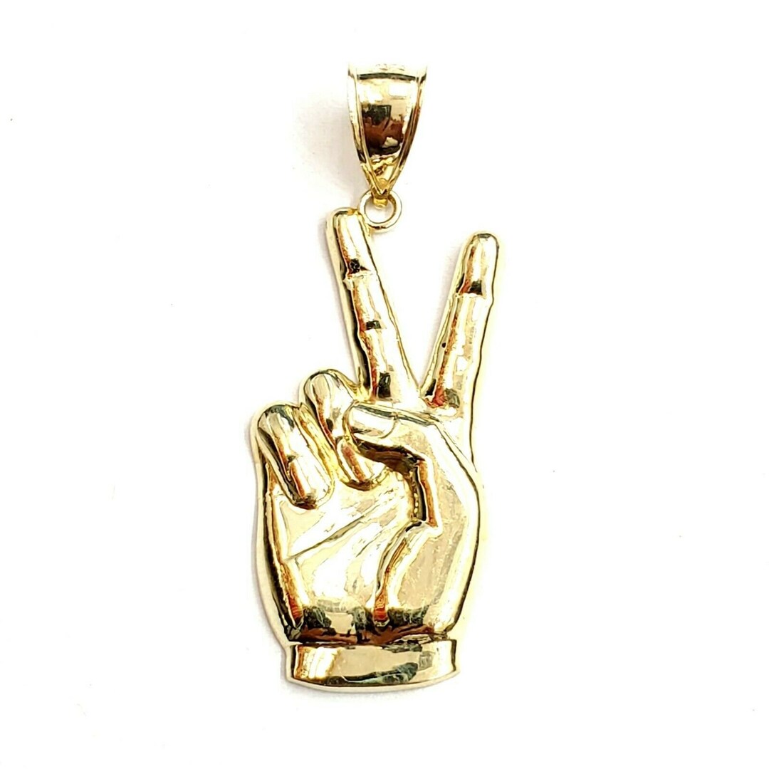 New 10k Yellow Gold Victory Sign Peace Hand Gesture Pendant Unisex ...