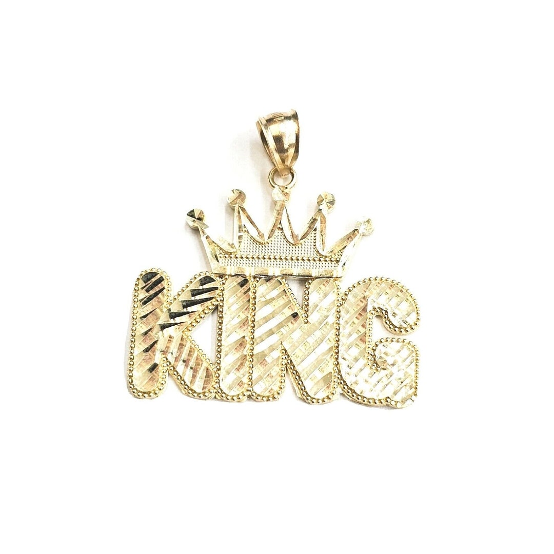 New 10k Yellow Gold KING Crown Word Pendant Charm Diamond Cut Fine ...