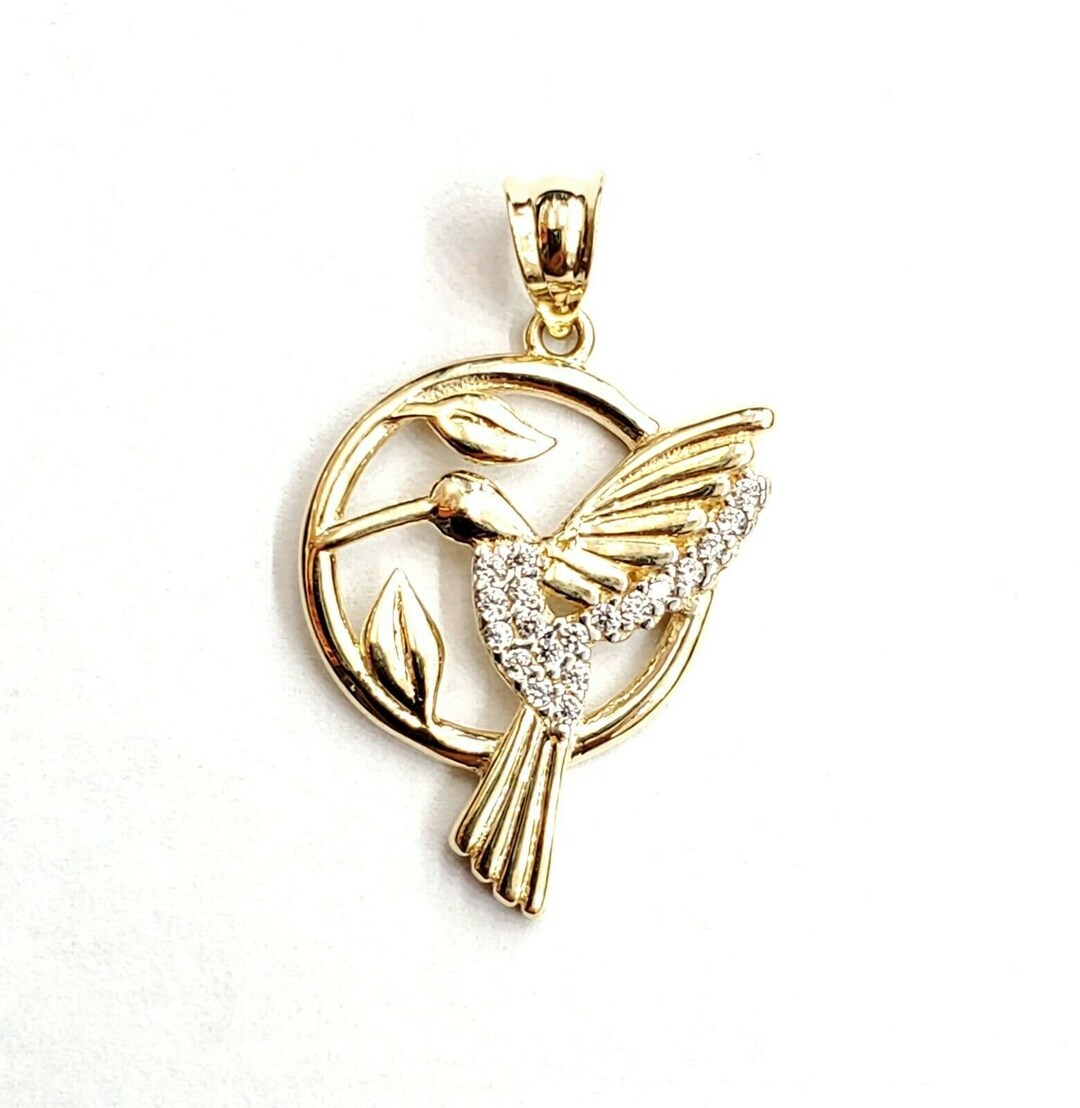 14k Yellow Gold Solid Hummingbird Pendant Cubic Zirconia Fine Jewelry 1 ...