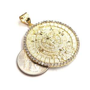 New 14k Yellow Gold Aztec Mayan Sun Calendar Azteca Pendant Zirconia 1. ...
