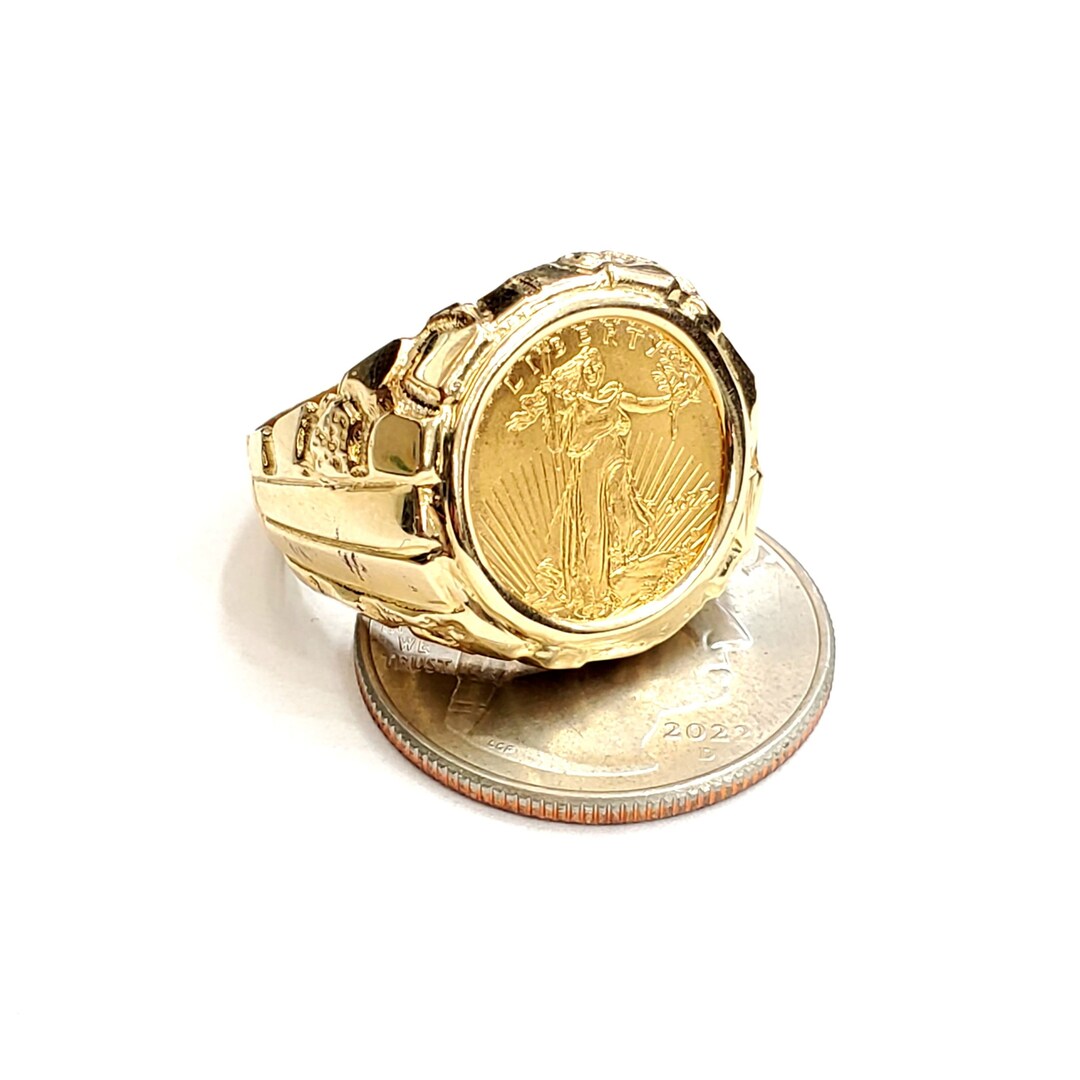 14K Gold Nugget Men Coin Ring Size 9.75 13.4g 5 Dollar 1/10 Oz 22k ...