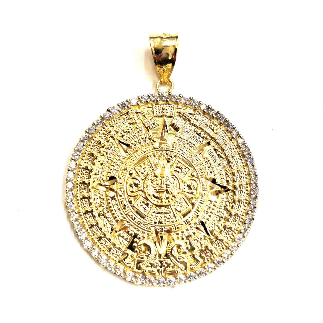 New 14k Yellow Gold Aztec Mayan Sun Calendar Azteca Pendant Zirconia 1. ...