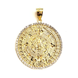 New 14k Yellow Gold Aztec Mayan Sun Calendar Azteca Pendant Zirconia 1. ...
