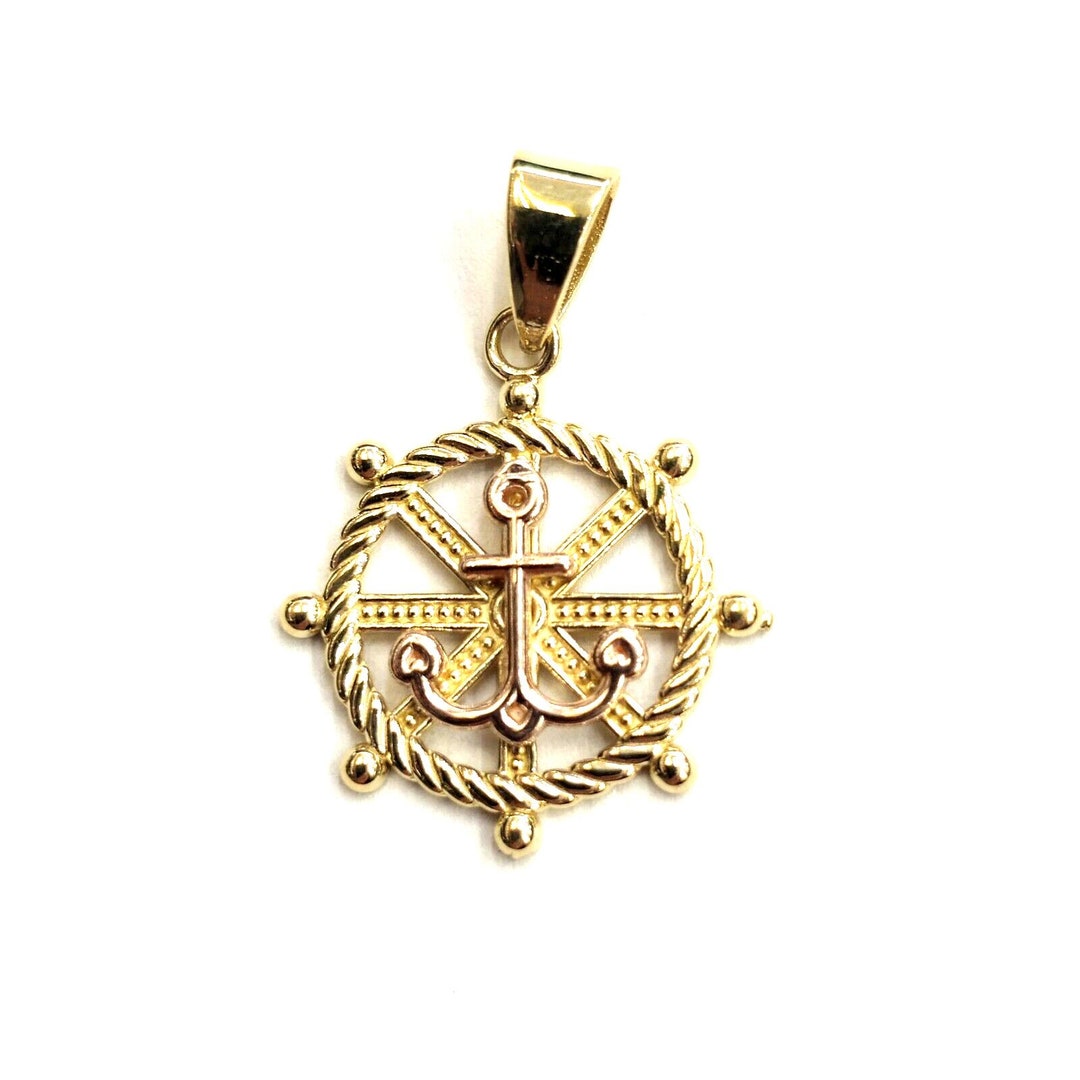 14k Two Tone Gold Tiny Boat Wheel Anchor Nautical Sailor Pendant ...