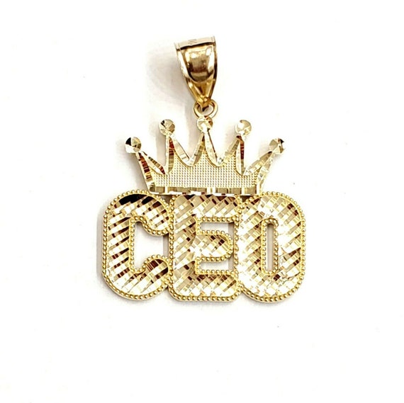 New 10k Yellow Gold CEO Crown Word Pendant Charm Diamond Cut - Etsy