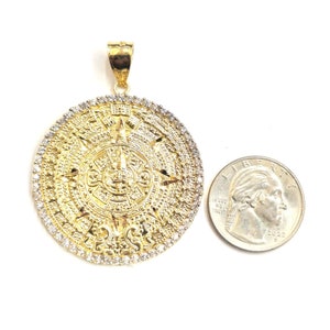 New 14k Yellow Gold Aztec Mayan Sun Calendar Azteca Pendant Zirconia 1. ...