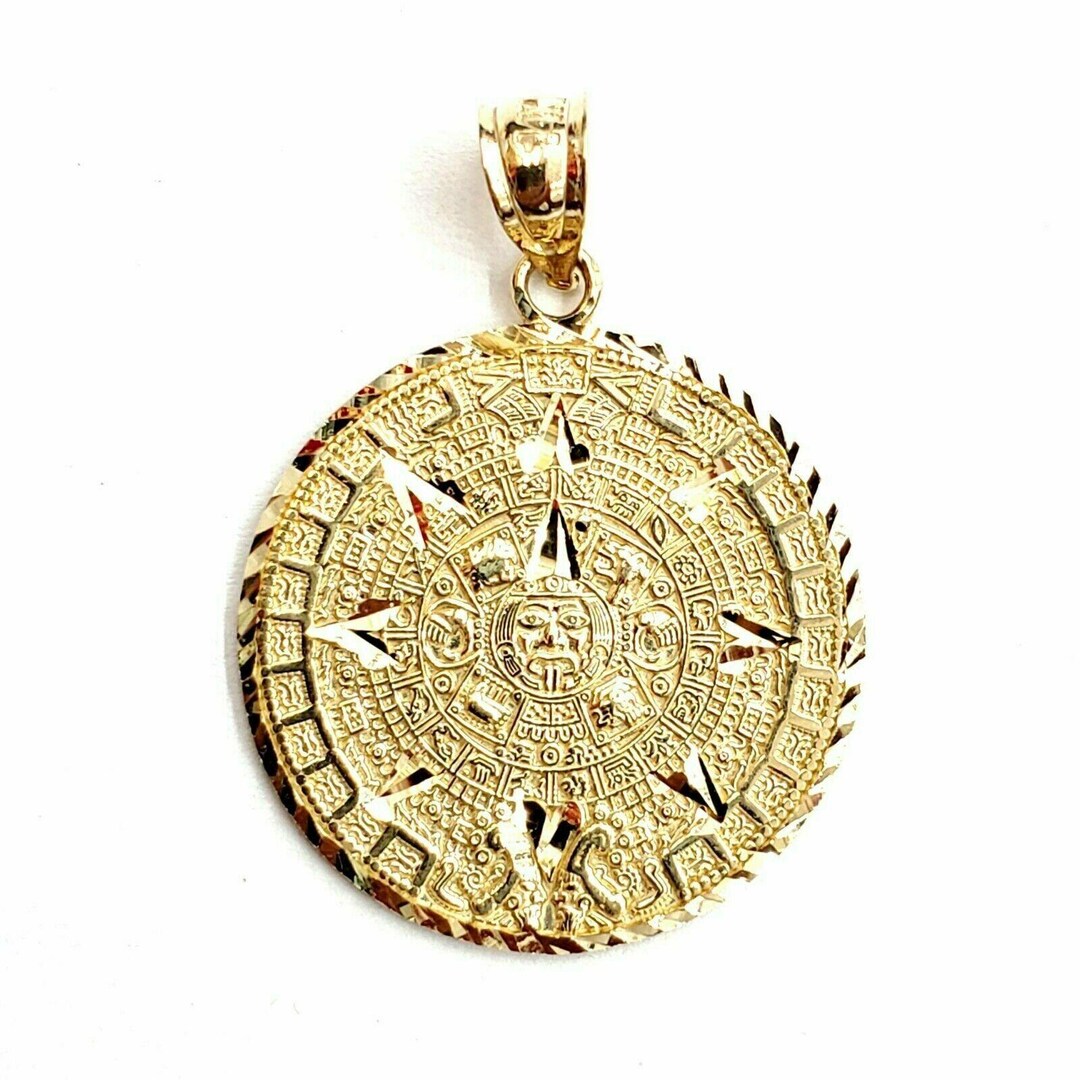 New 14k Yellow Gold Aztec Mayan Sun Calendar Azteca Pendant Gift ...