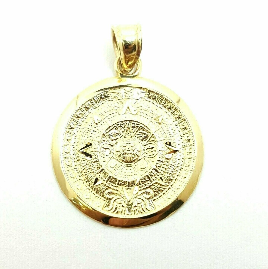 14k Yellow Solid Gold Aztec Mayan Sun Calendar Pendant Fine Jewelry 0. ...