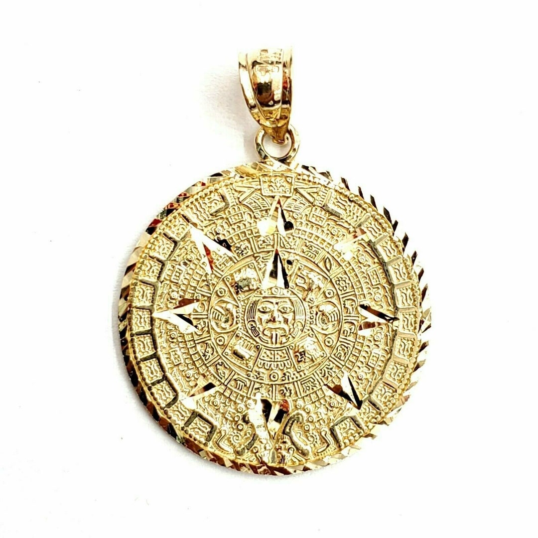 New 14k Yellow Gold Aztec Mayan Sun Calendar Azteca Pendant Gift ...