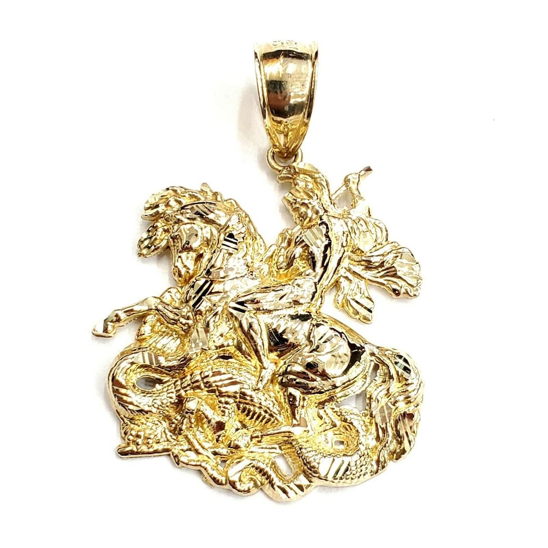 10k Yellow Gold Saint George Pendant Charm Horse Dragon Fine Gift ...