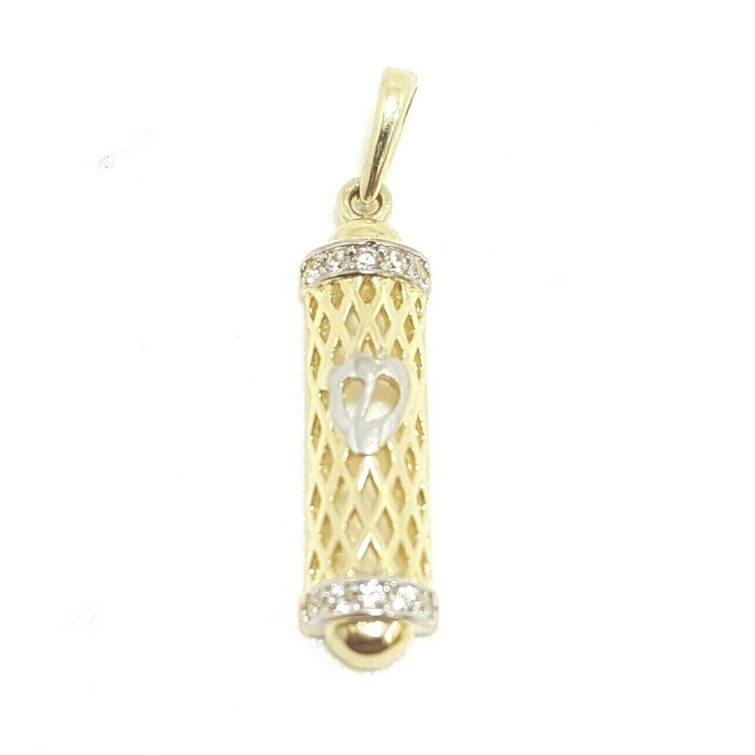 14k Gold Two Tone Mezuzah Shin Jewish Cubic Zirconia Pendant Fine ...