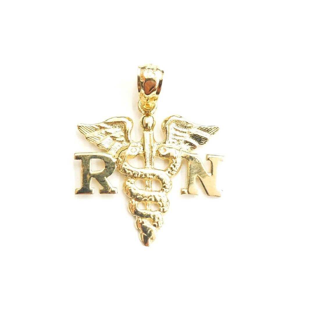 14k Yellow Gold RN Caduceus Medical Sign Nurse Pendant Charm Fine ...