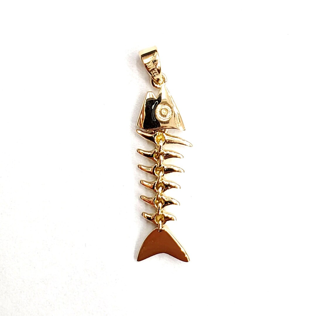 14k Yellow Gold Fish Bone Wiggly Movable Pendant Charm Fine Jewelry 1 ...