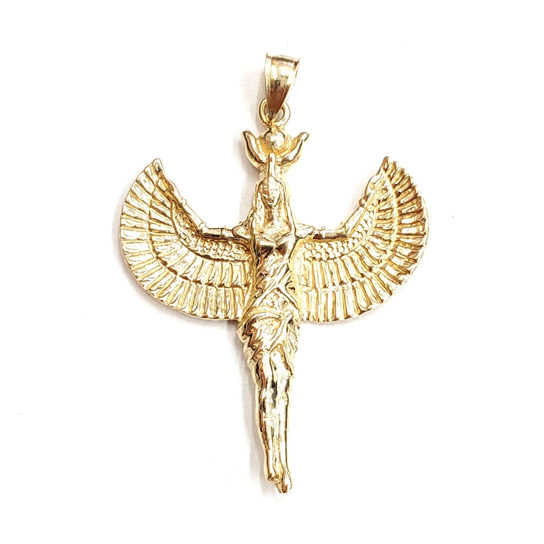 14k Yellow Solid Gold Egyptian Isis Winged Goddess Pendant Fine Jewelry ...