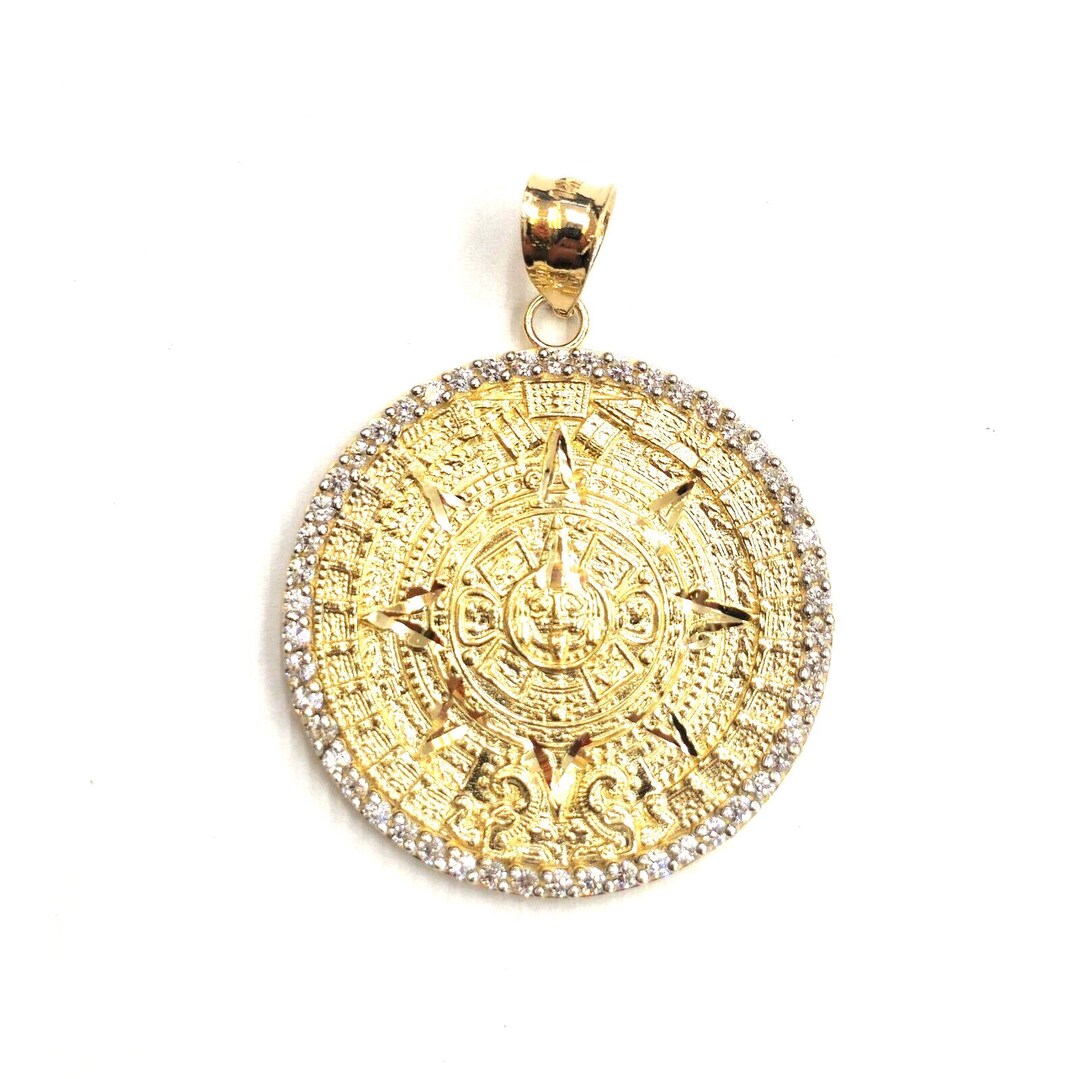 14k Yellow Gold Aztec Mayan Sun Calendar Azteca Pendant Cubic Zirconia ...