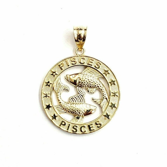 14k yellow Gold round Pisces fish zodiac Pendant charm fine | Etsy