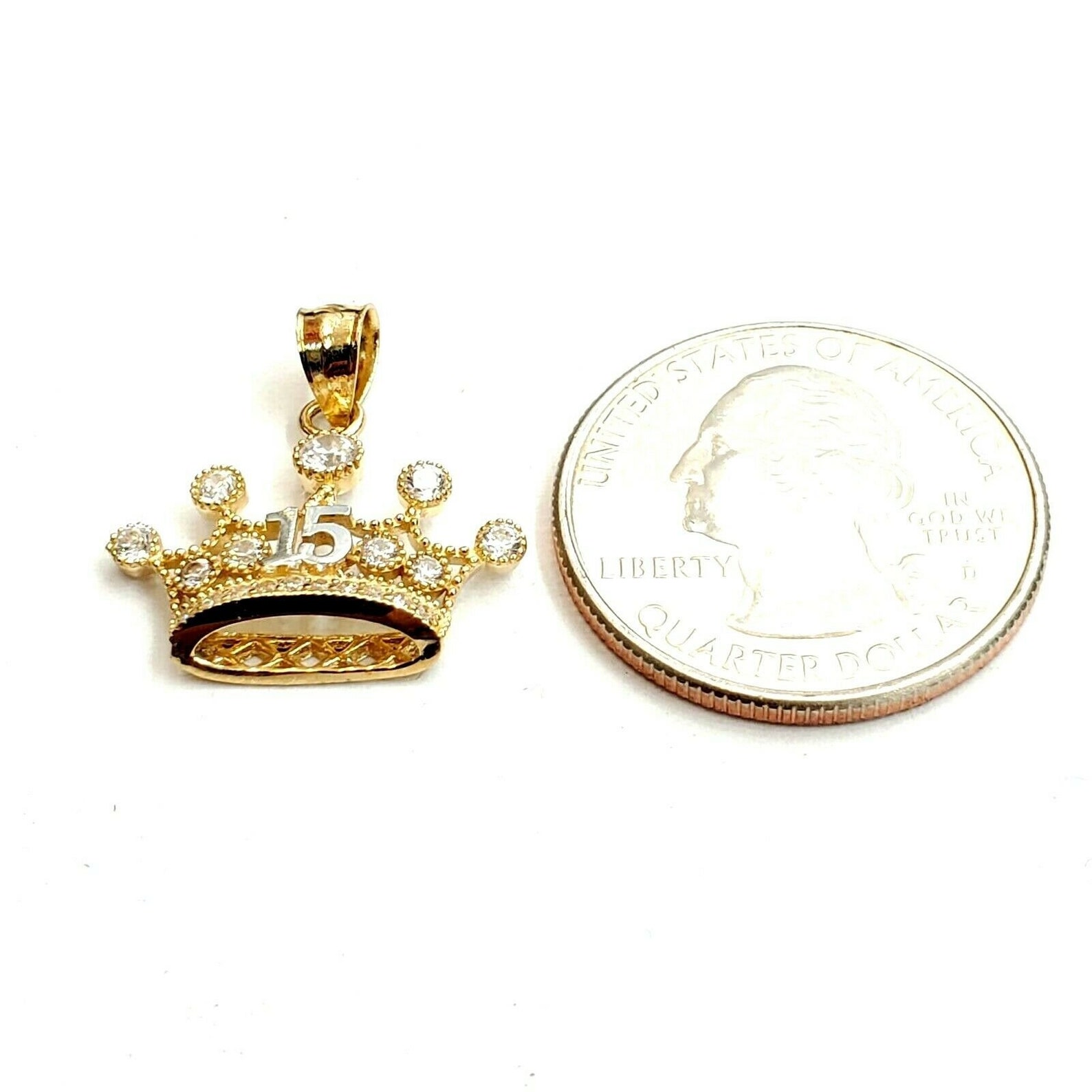 14k Yellow Gold 15 Años 15 Years Crown Pendant Cubic Zirconia Jewelry 1 ...