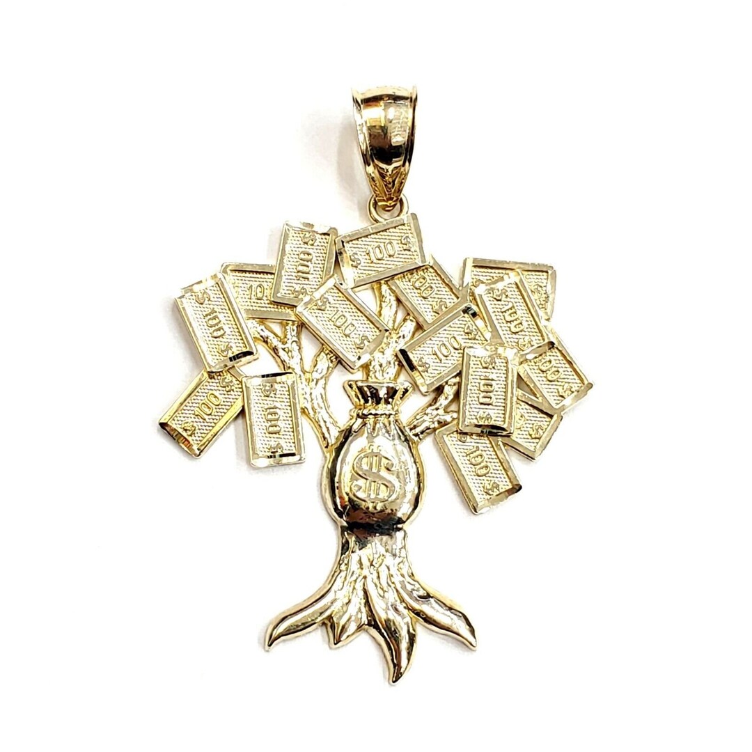 New 10k Yellow Gold 100 Dollar Sign Money Bag Tree Lucky Pendant Charm ...