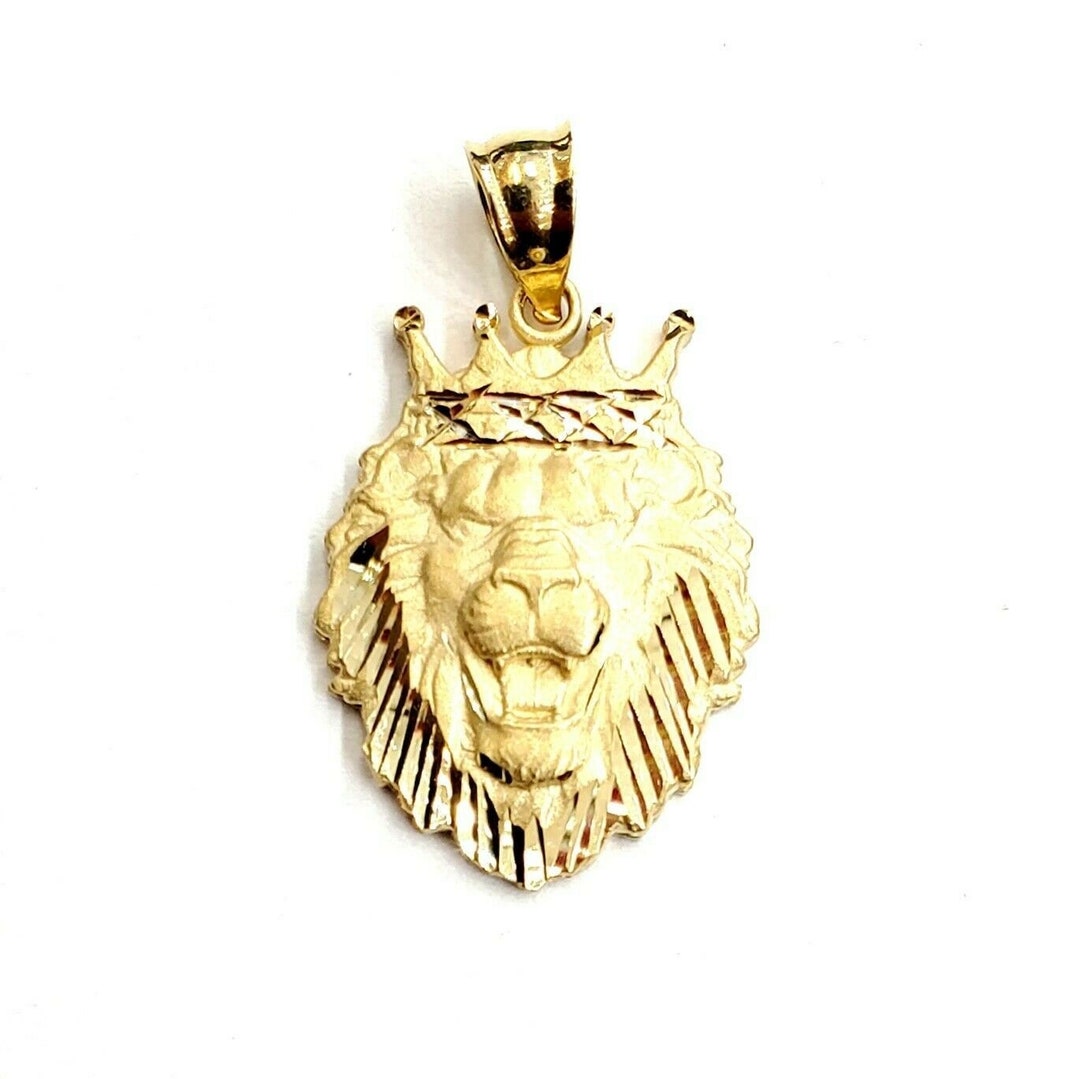 14k Yellow Gold Lion Head Face Crown Leo Zodiac Pendant Charm Fine ...