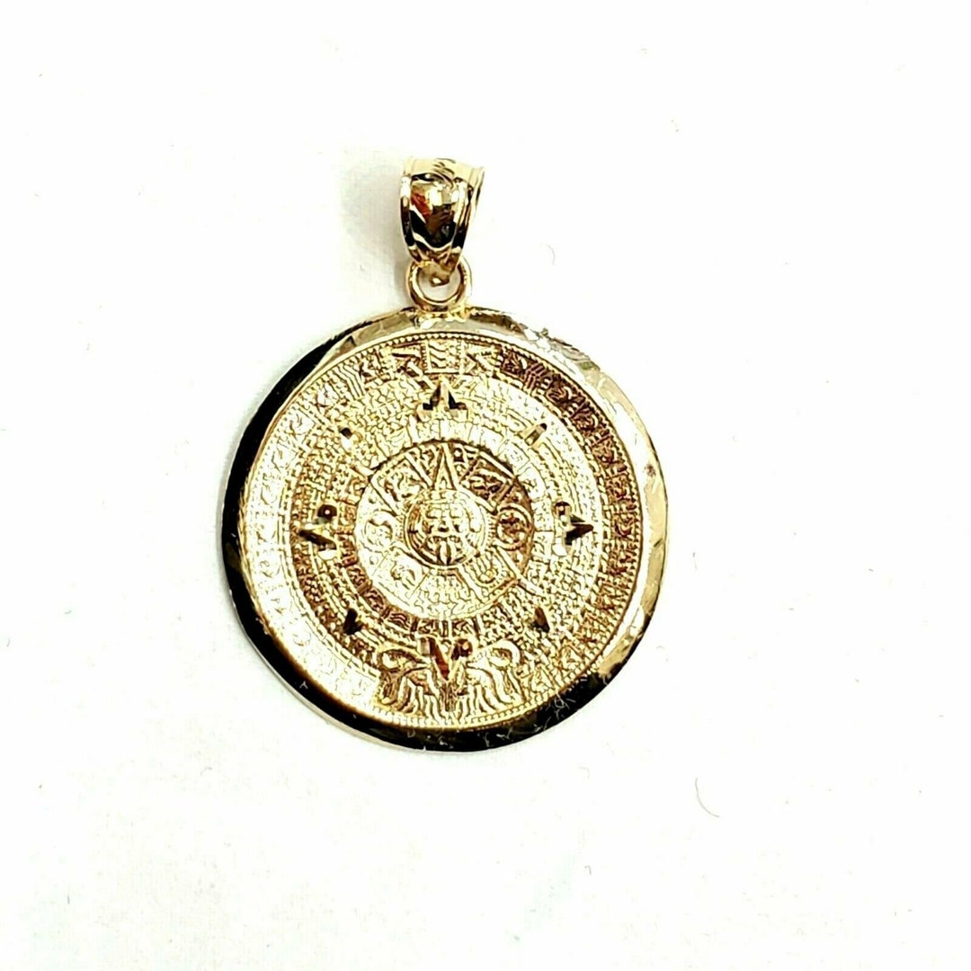 14k Yellow Solid Gold Aztec Mayan Sun Calendar Azteca Pendant Jewelry 1 ...