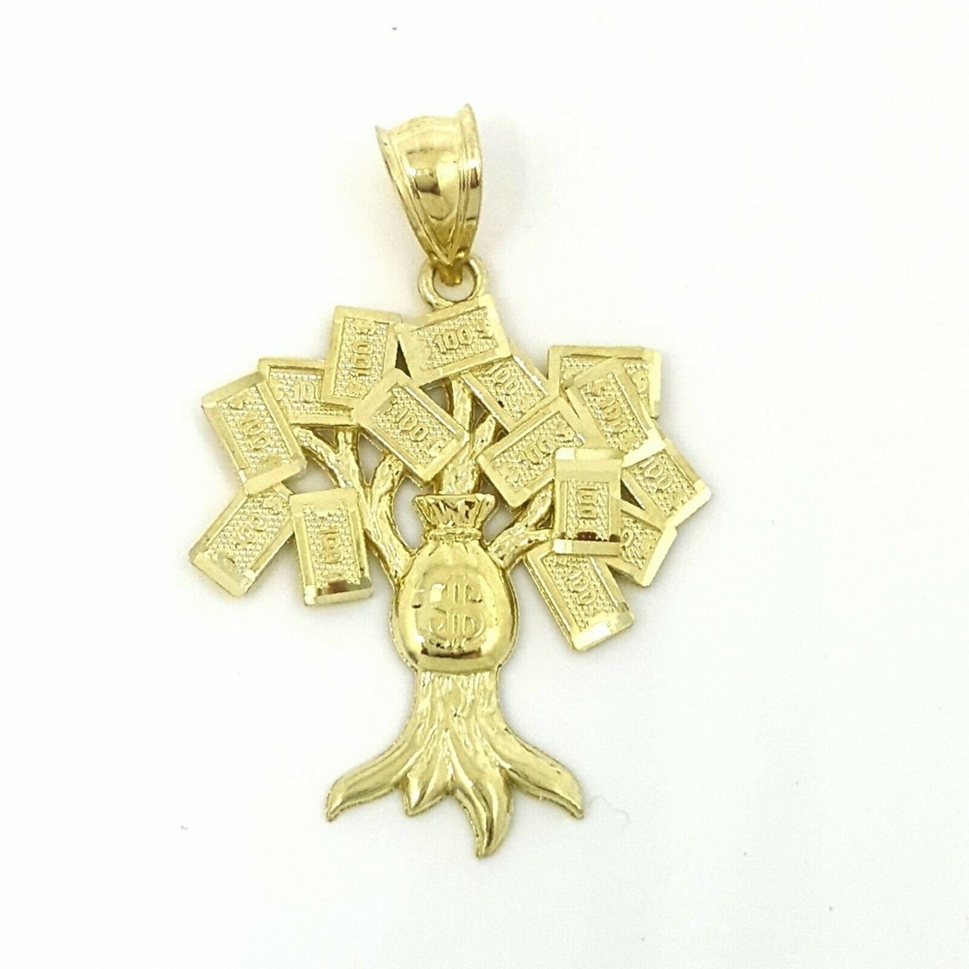 10k Yellow Gold 100 Dollar Sign Money Bag Tree Lucky Pendant Charm Gift ...