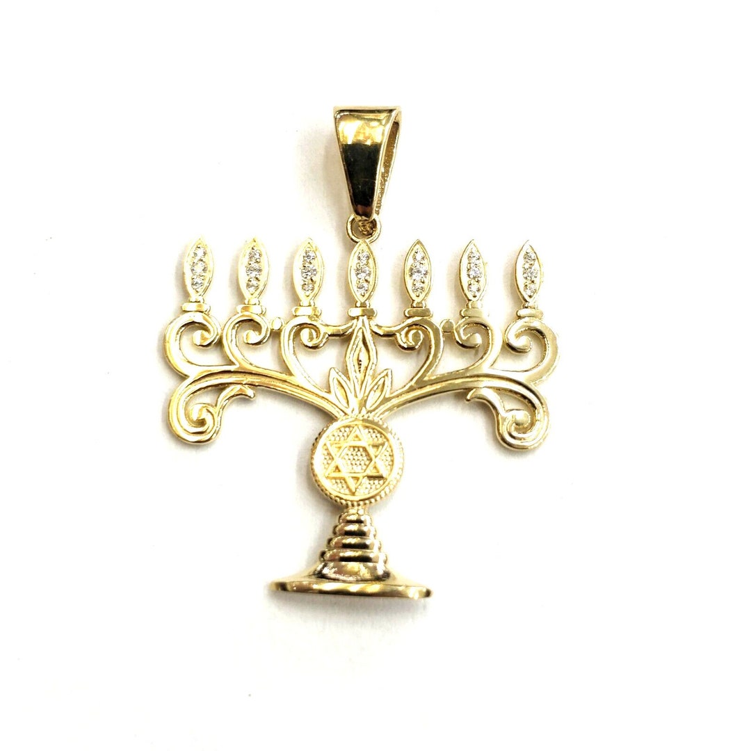 Real 14k Yellow Gold Menorah Star of David Jewish Israel Pendant ...