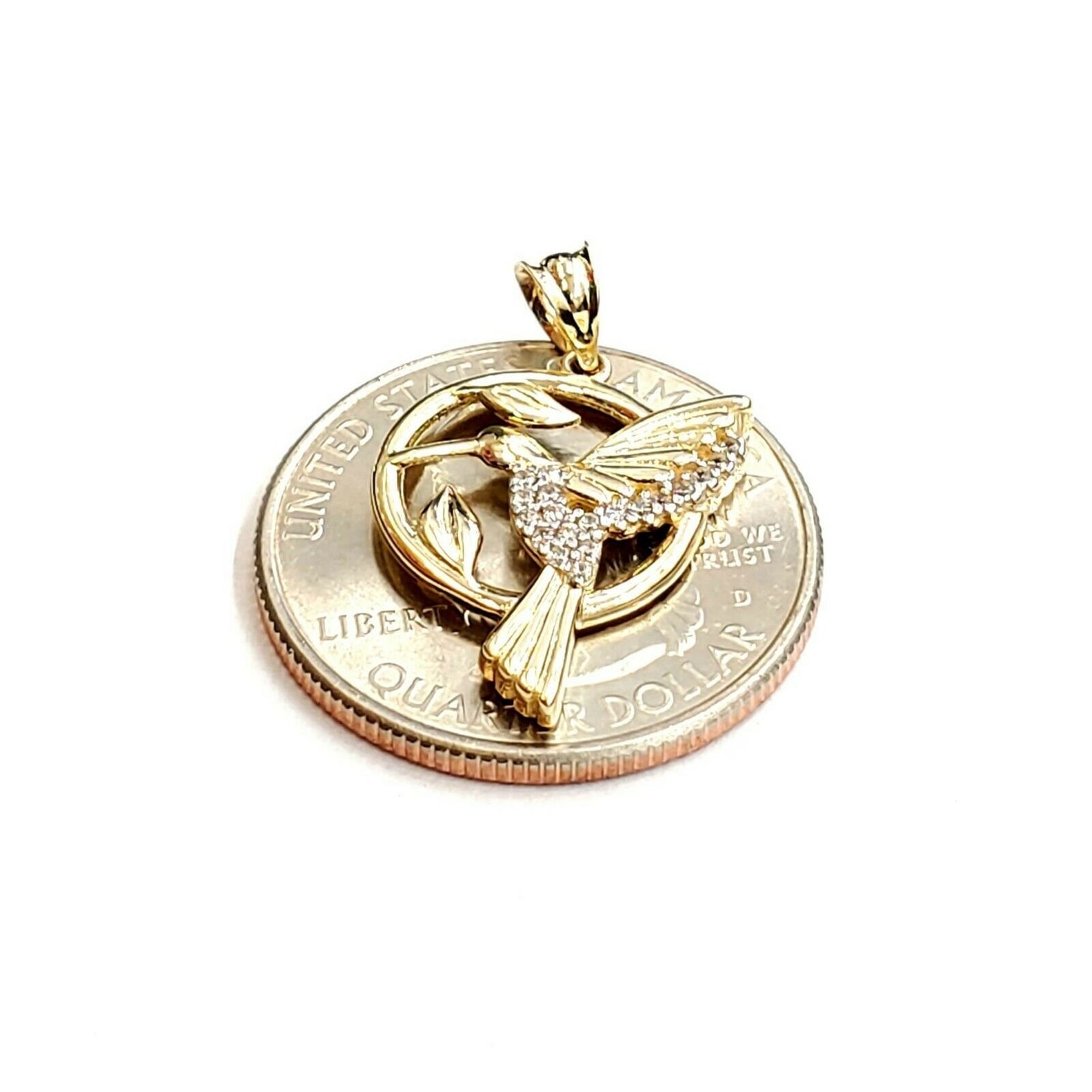 14k Yellow Gold Solid Hummingbird Pendant Cubic Zirconia Fine - Etsy