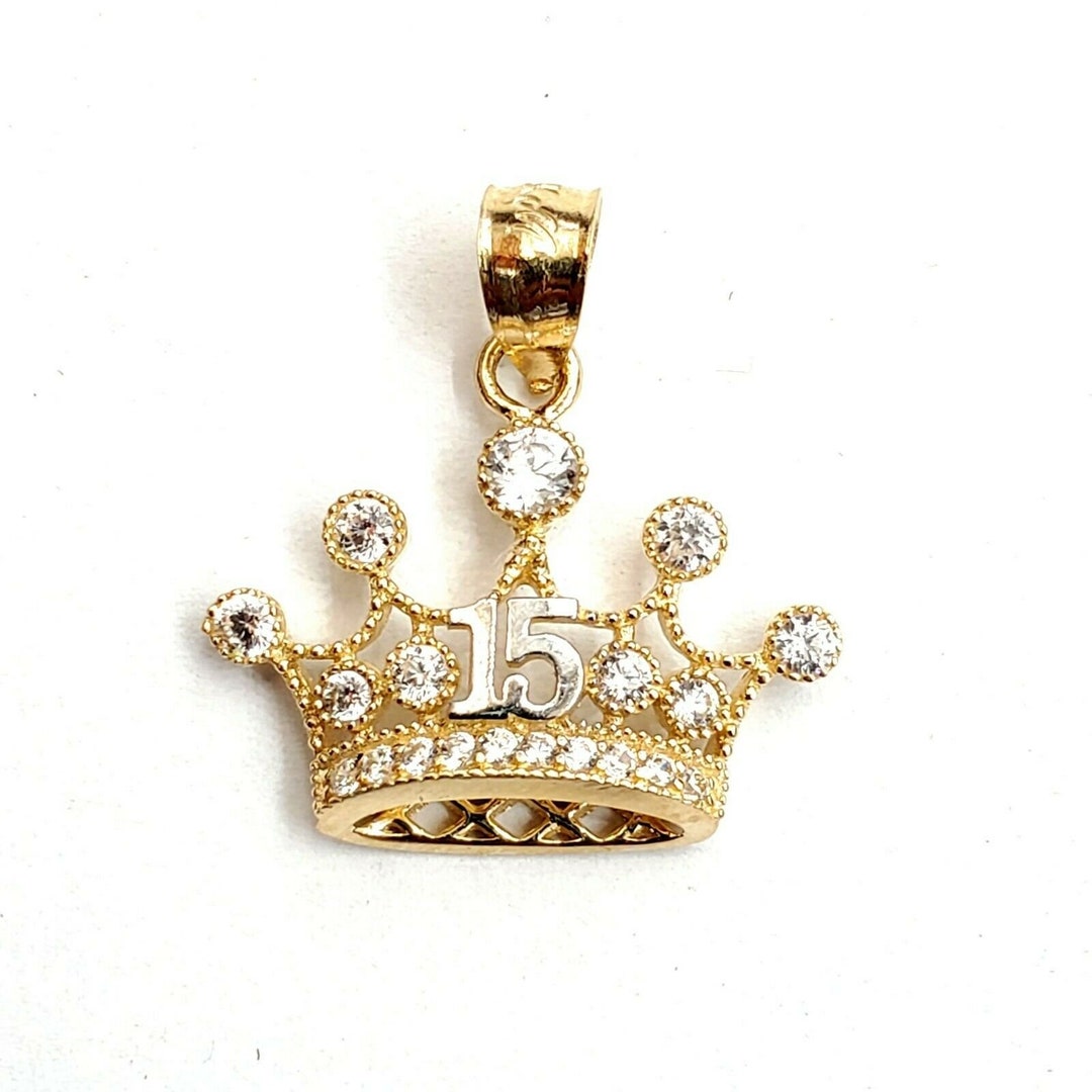 14k Yellow Gold 15 Años 15 Years Crown Pendant Cubic Zirconia Jewelry 1 ...