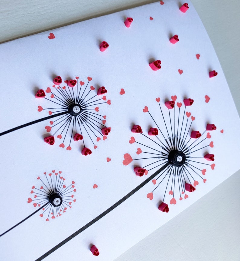 Dandelion Best Wishes Greeting Card, Handmade Paper Quilling Red Heart ...