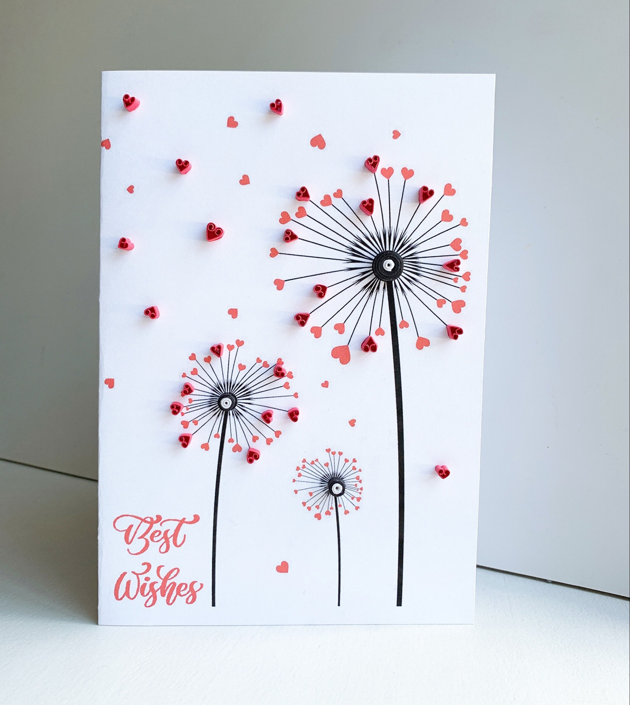 Dandelion Best Wishes Greeting Card, Handmade Paper Quilling Red Heart ...
