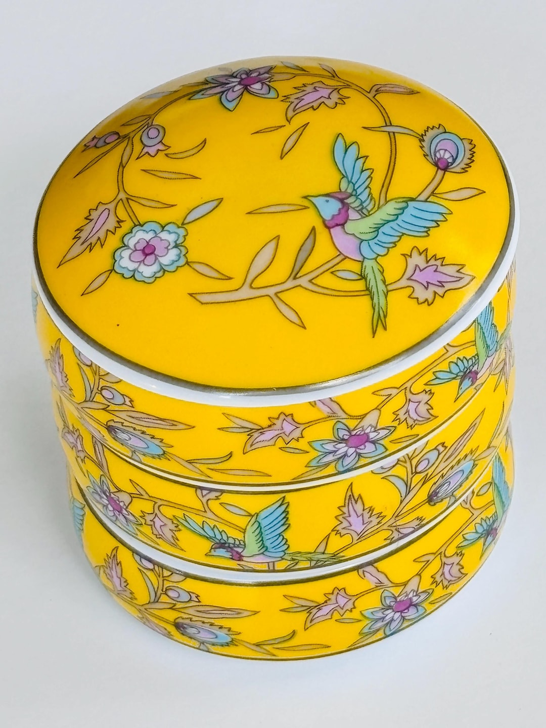 Vintage Floral Porcelain Stacking Box – Yellow With Pink & Blue ...