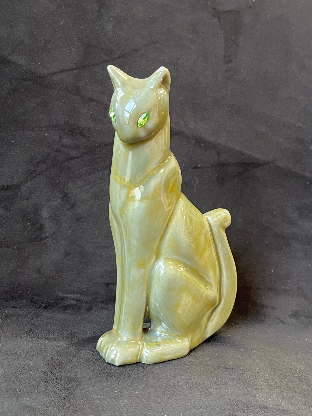 Grey Ceramic Cat Figurine Art Deco Style With Green Rhinestone Eyes - Etsy